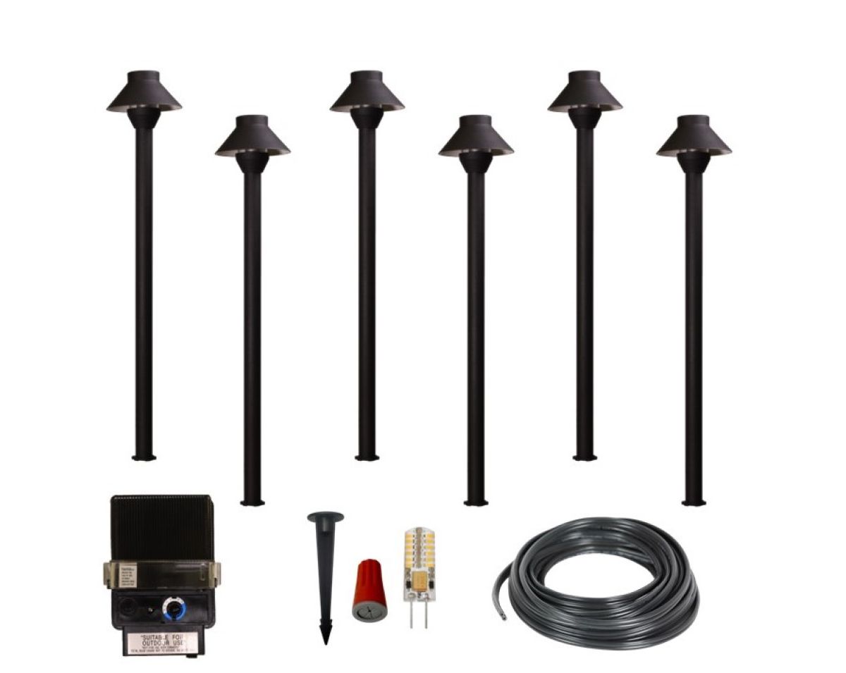 Set of 6 LED Small Hat Path Light in Black with 150W Transformer