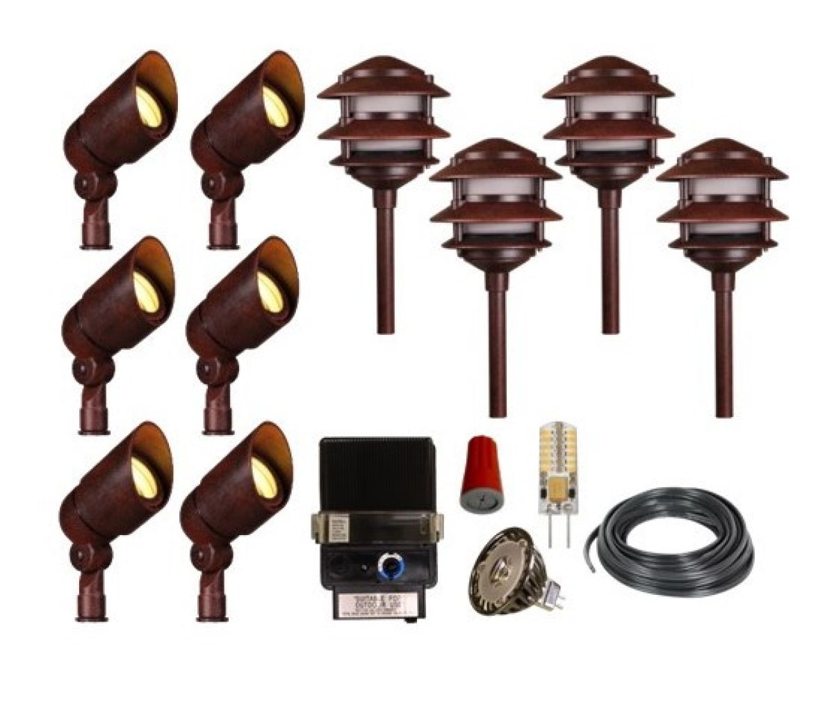 3W LED 6 Directional Bullet and 4 Pagoda Path Light Kit - Rust