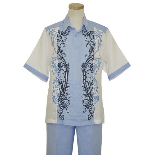 Prestige Baby Blue With White Paisley Embroidery Pure Linen 2 PC Outfi