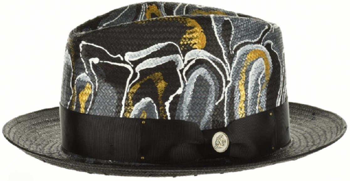 Steven Land Black / White / Metallic Gold Hand Painted Fedora Straw Ha