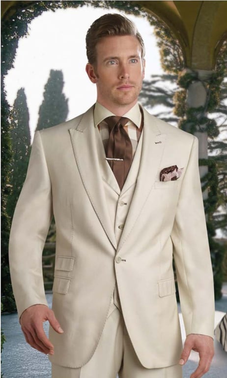 Tayion Collection Solid Cream With Brown Hand-Pick Stitching Suit 029