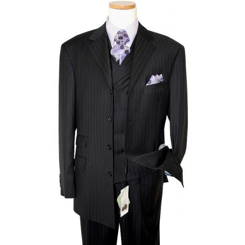 Steve Harvey Collection Black Shadow Stripes Super 120's Merino Wool V