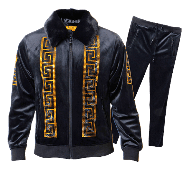 Prestige Black / Gold Crystal Studded Velour / Faux Fur Tracksuit Outf